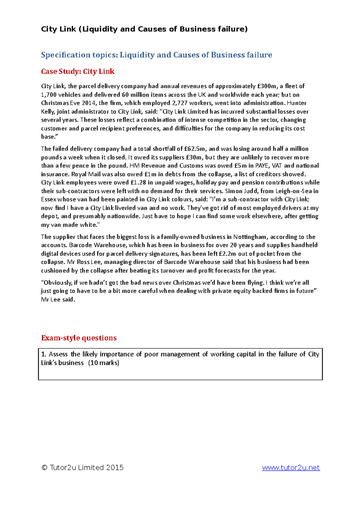 2 - Liquidity and business failure case study - City Link (Liquidity ...