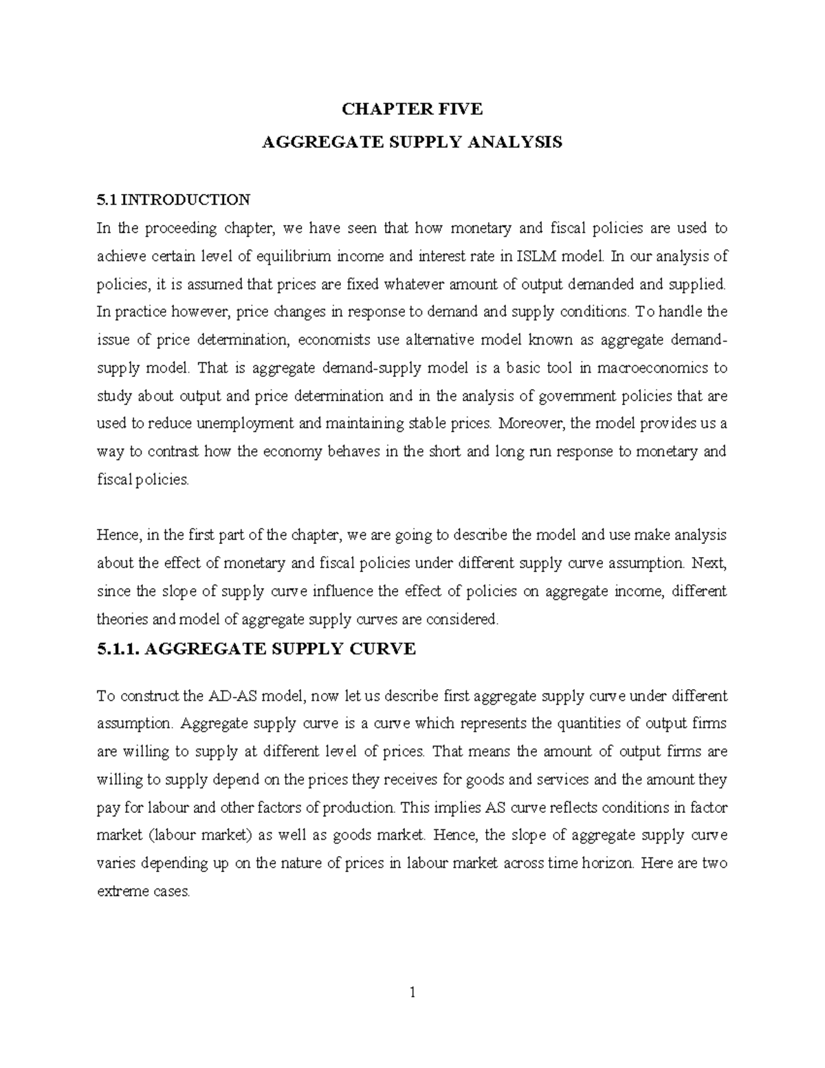 Aggregate supply macro chapter 5 - CHAPTER FIVE AGGREGATE SUPPLY ANALYSIS 5 INTRODUCTION In the ...