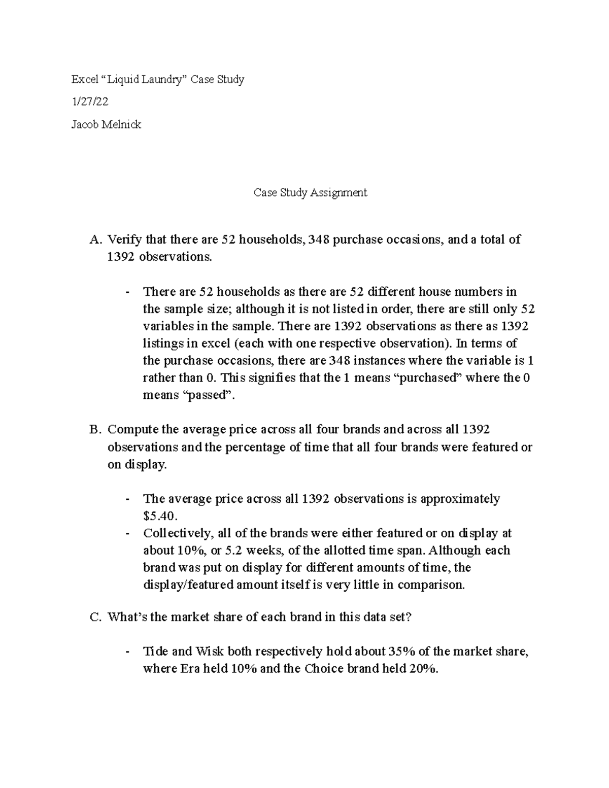 Case Study 1 Scatterplot Analysis - Excel “Liquid Laundry” Case Study 1 ...