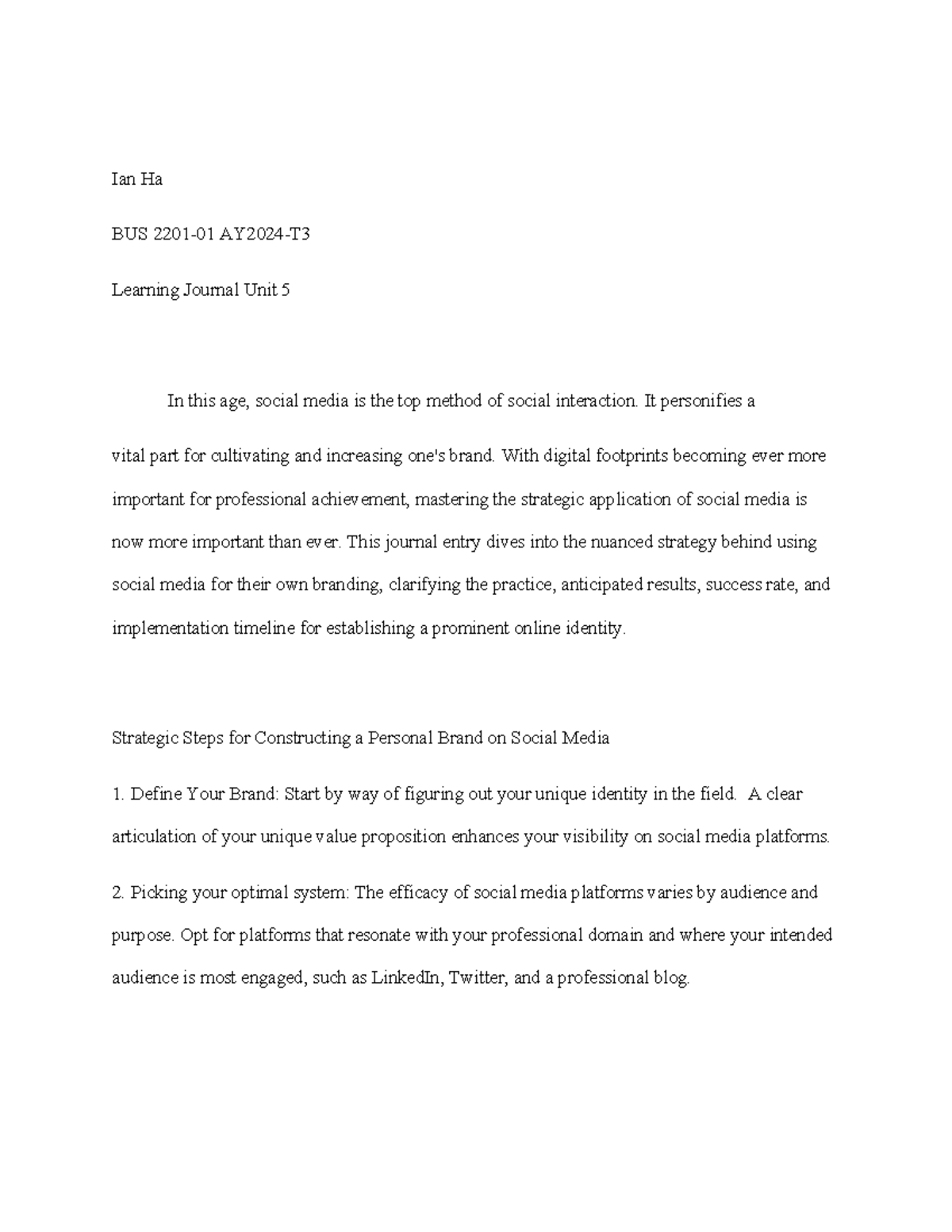 BUS 2201-01 - AY2024-T3 Learning Journal Unit 5 - Ian Ha BUS 2201-01 ...