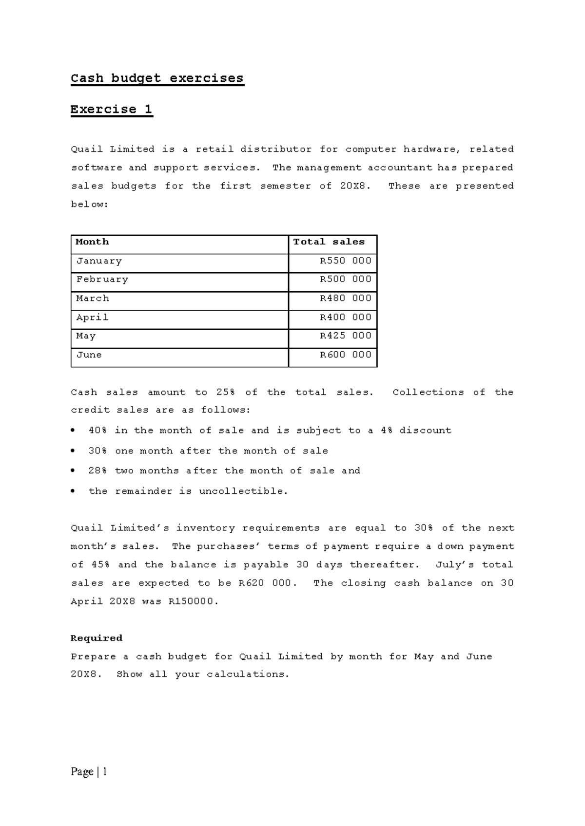 Homework Exercises - Materials - Page | 1 Cash budget exercises ...