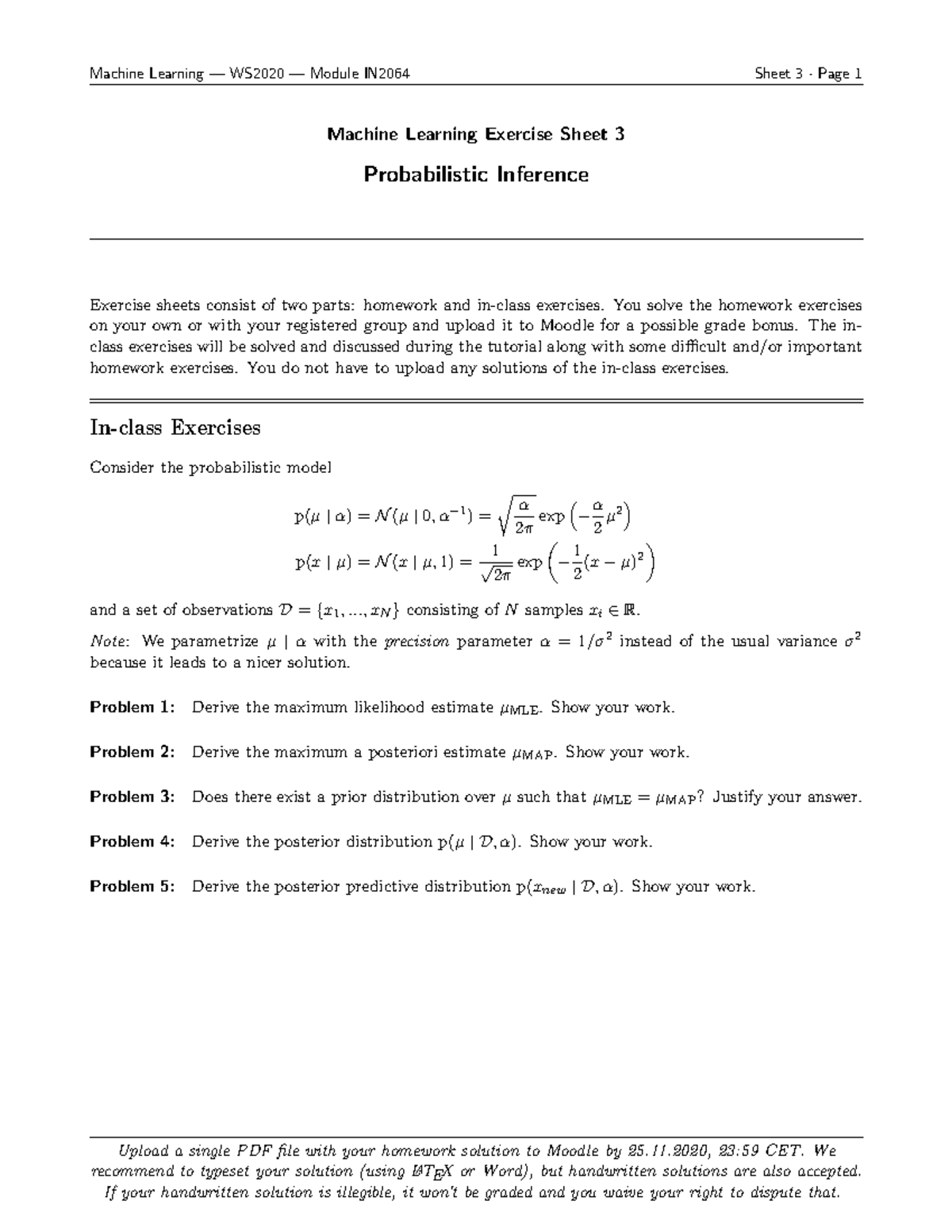 Exercise 03 prob inference - Machine Learning — WS2020 — Module IN2064 Sheet 3·Page 1 Machine ...