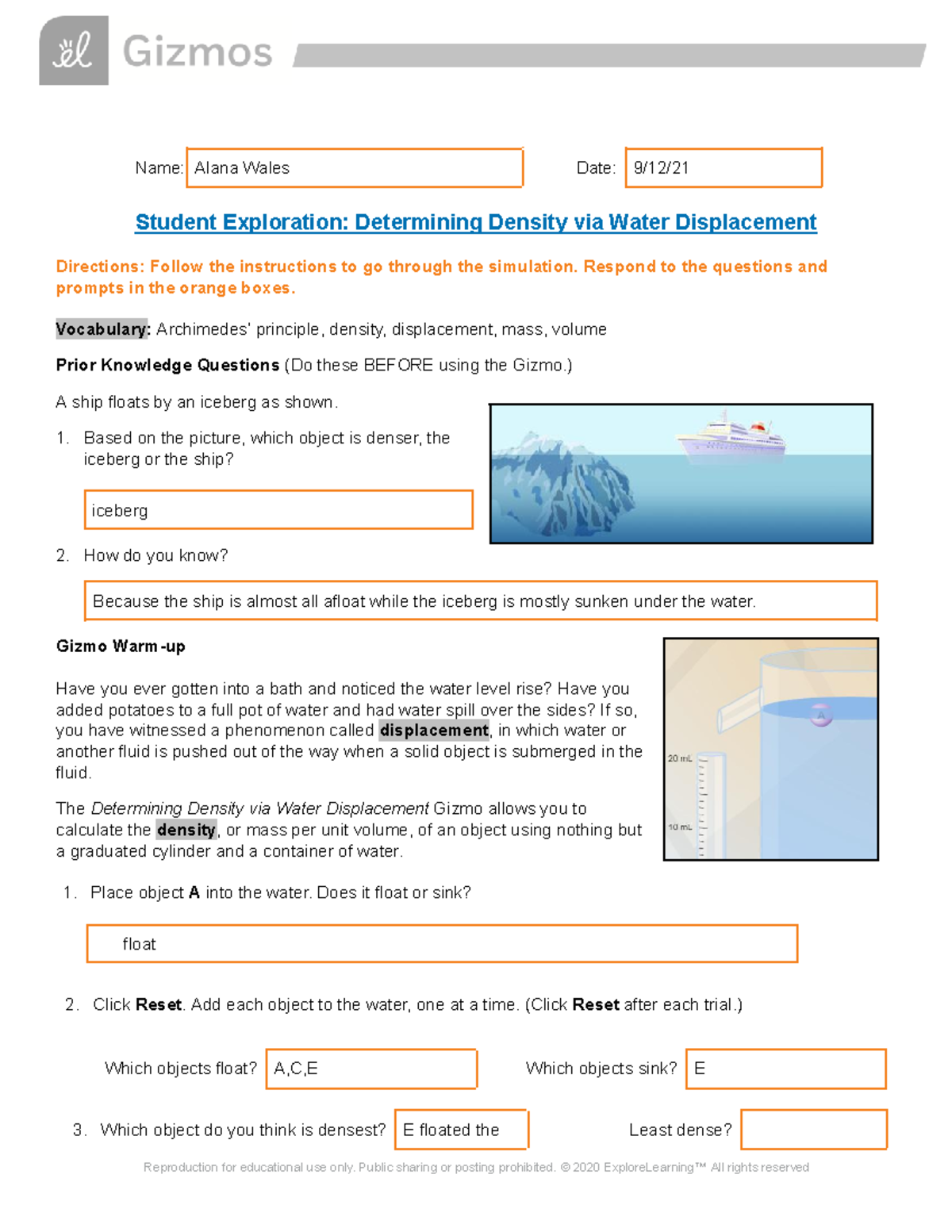 Alana C. Wales - Raub H Chem Gizmos Water Displacement - Name: Alana ...