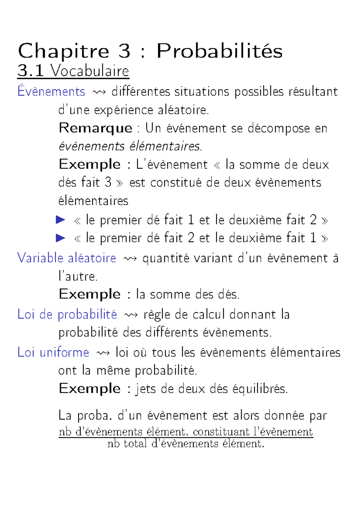 Resume chapitre 3 - Chapitre 3 : Probabilités 3 Vocabulaire Évènements ...