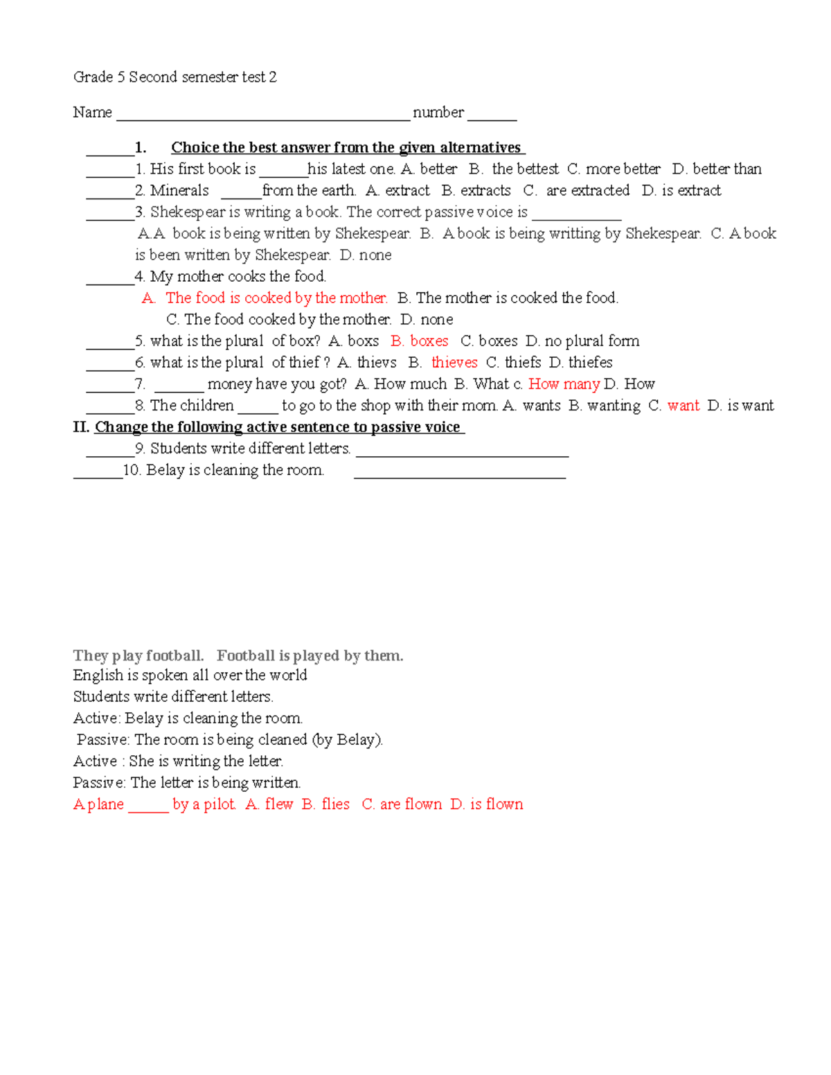Grade 5 T2 - English Grammar Questions - Grade 5 Second semester test 2 ...