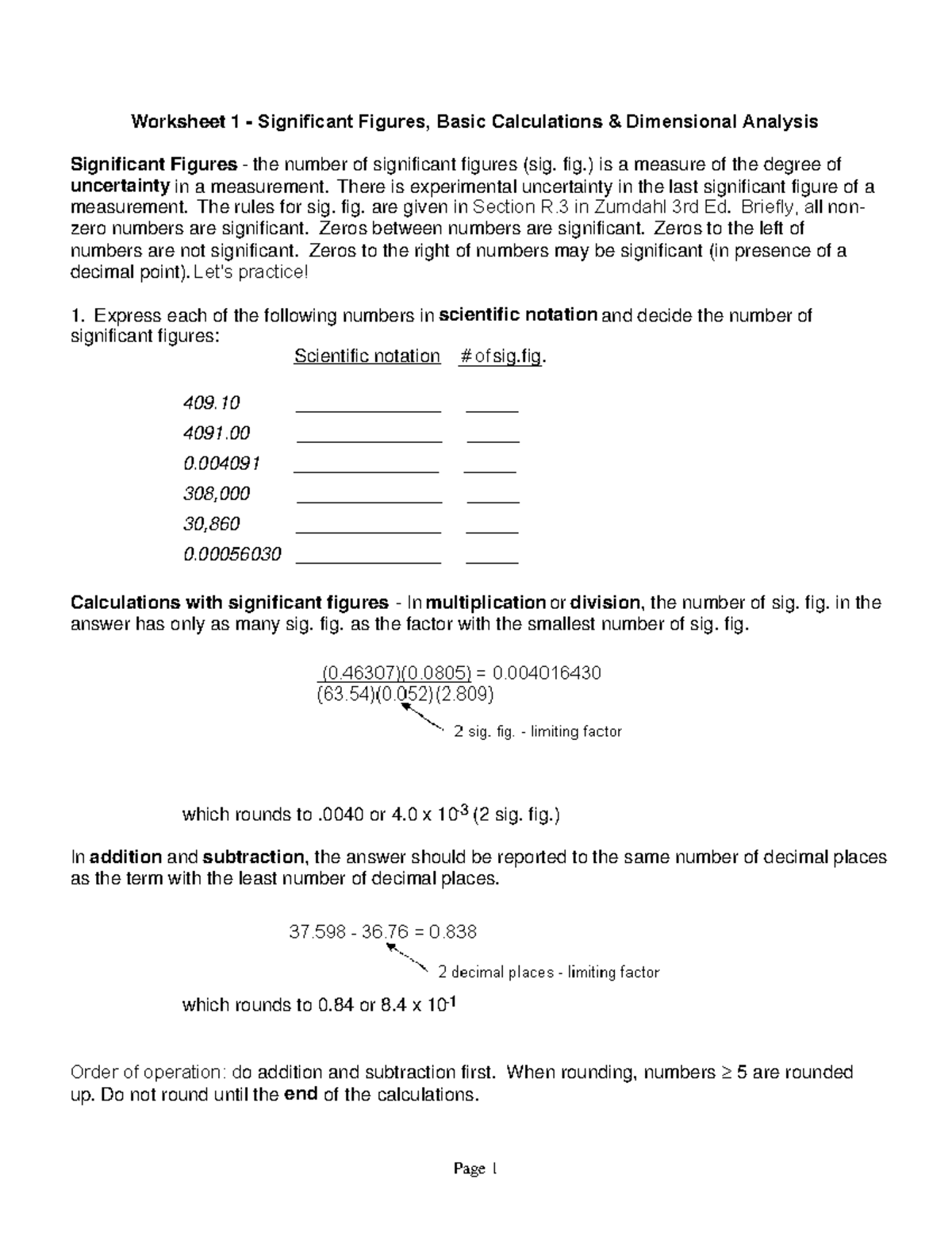 Worksheet 01 Significant Figure, Basic Calculations & Dimentional ...