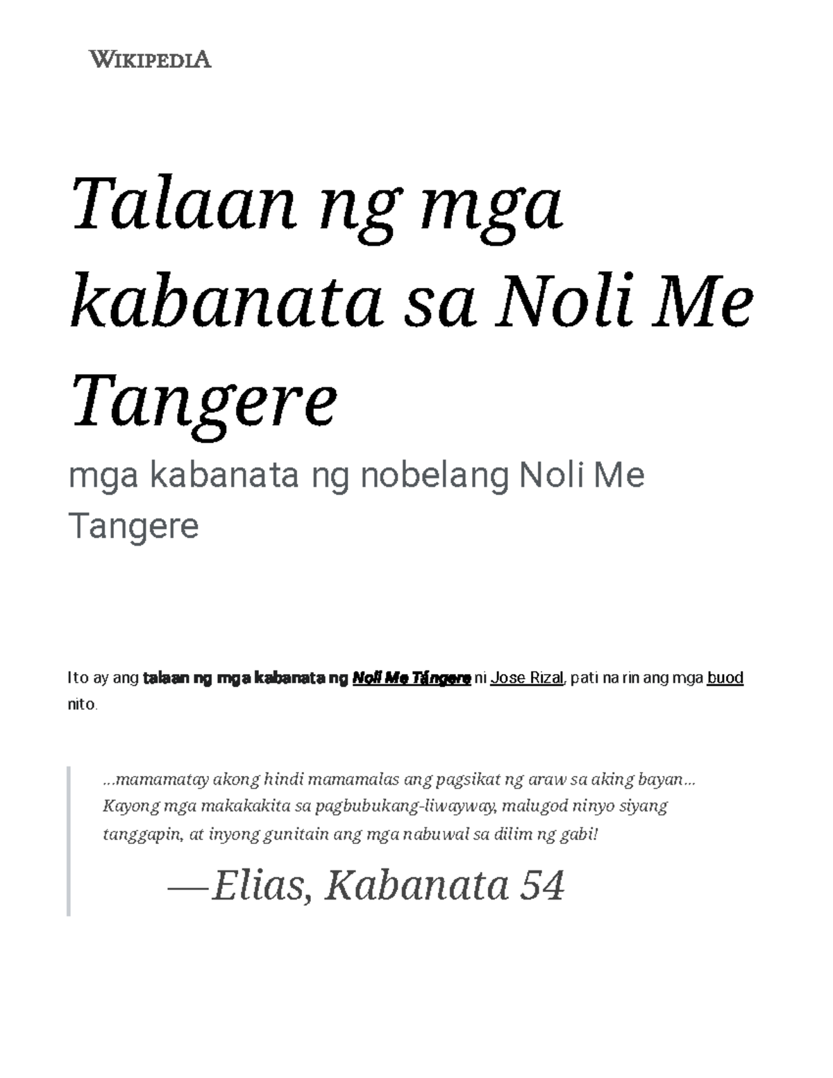 Talaan ng mga kabanata sa Noli Me Tangere - Wikipedia, ang malayang ...