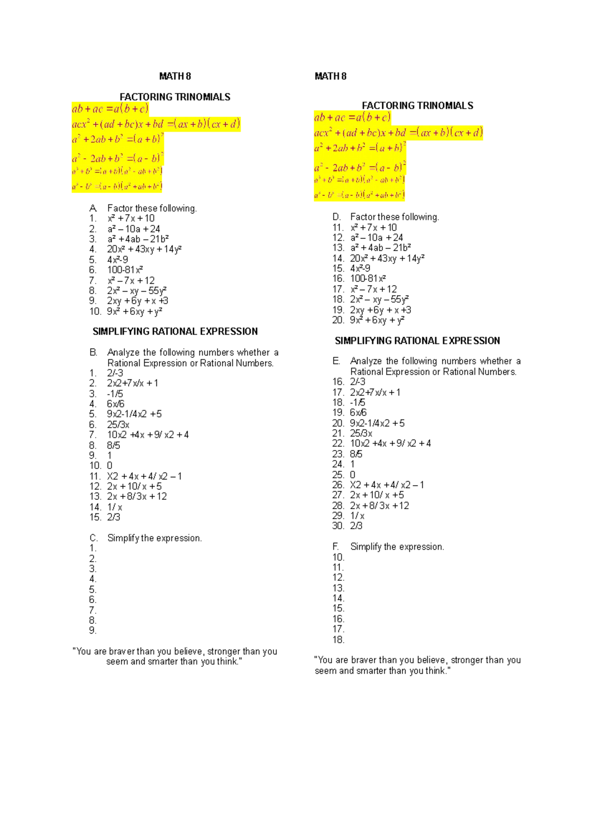 MATH 8 - Factoring and Simplifying Rational Expression - MATH 8 ...