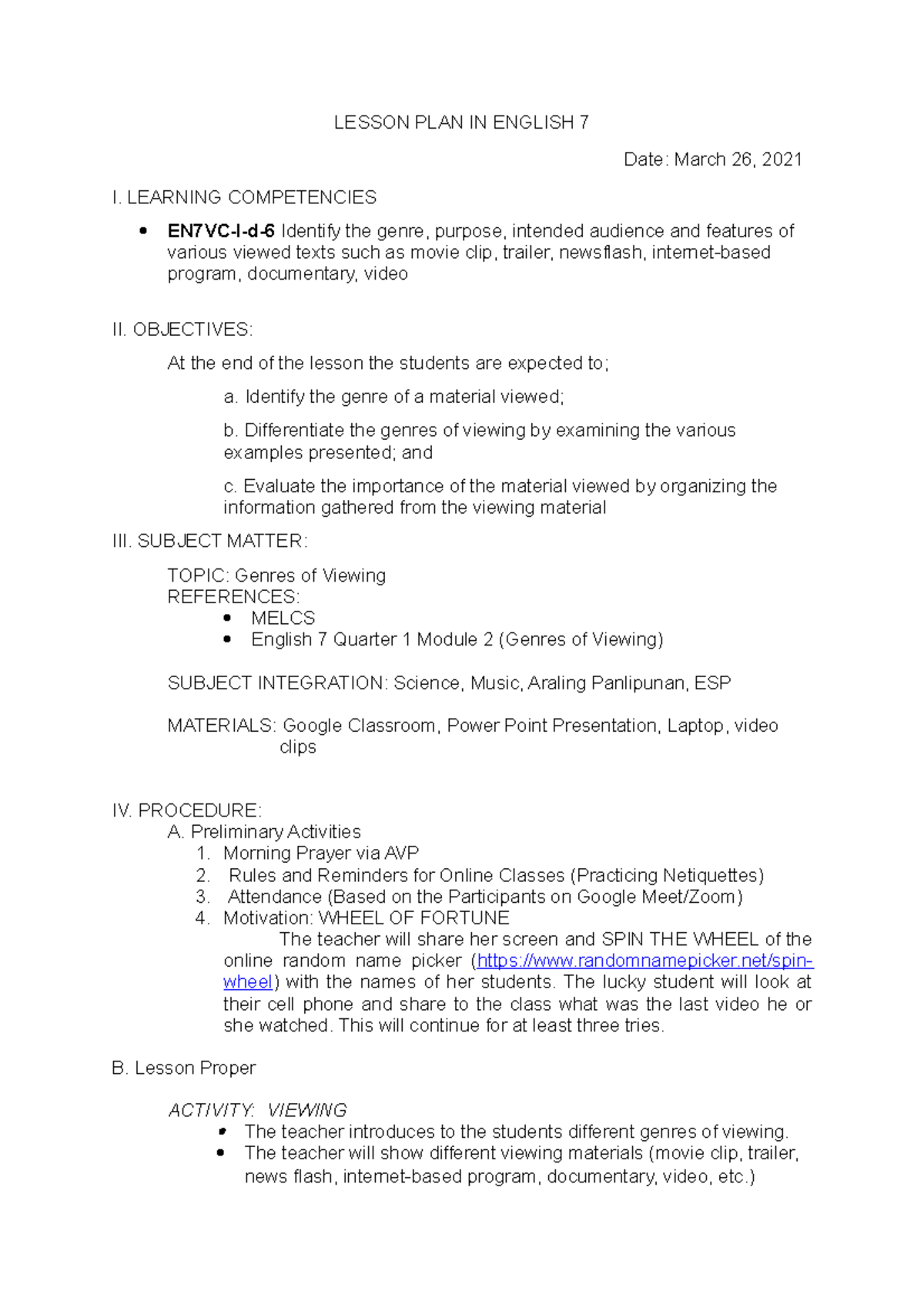 Lesson PLAN IN English 7 COT 1 2021 Synchronous Teaching LESSON PLAN