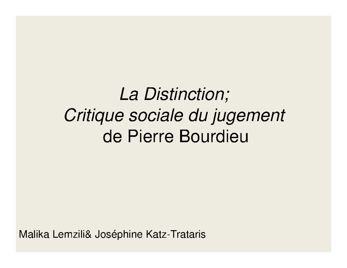 Ppt la Distinction prof kostani - La Distinction; Critique sociale du ...
