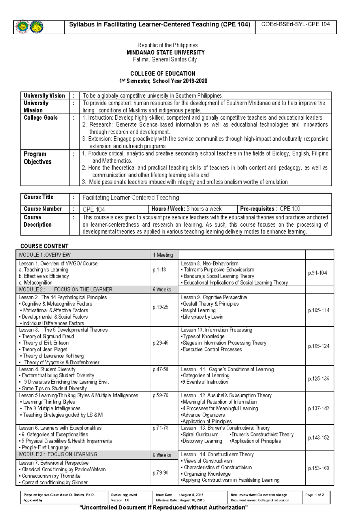 Syll4stud CPE104 facilitating - Syllabus in Facilitating Learner-Centered Teaching (CPE 104 ...