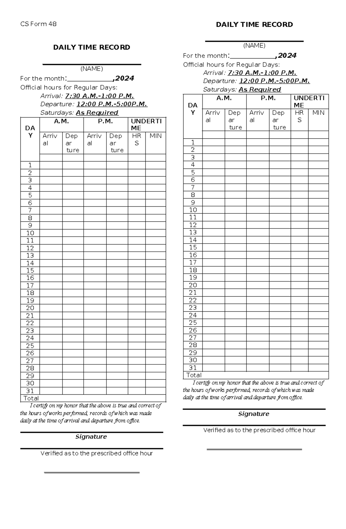 Dtr - weasfq - CS Form 48 DAILY TIME RECORD ...