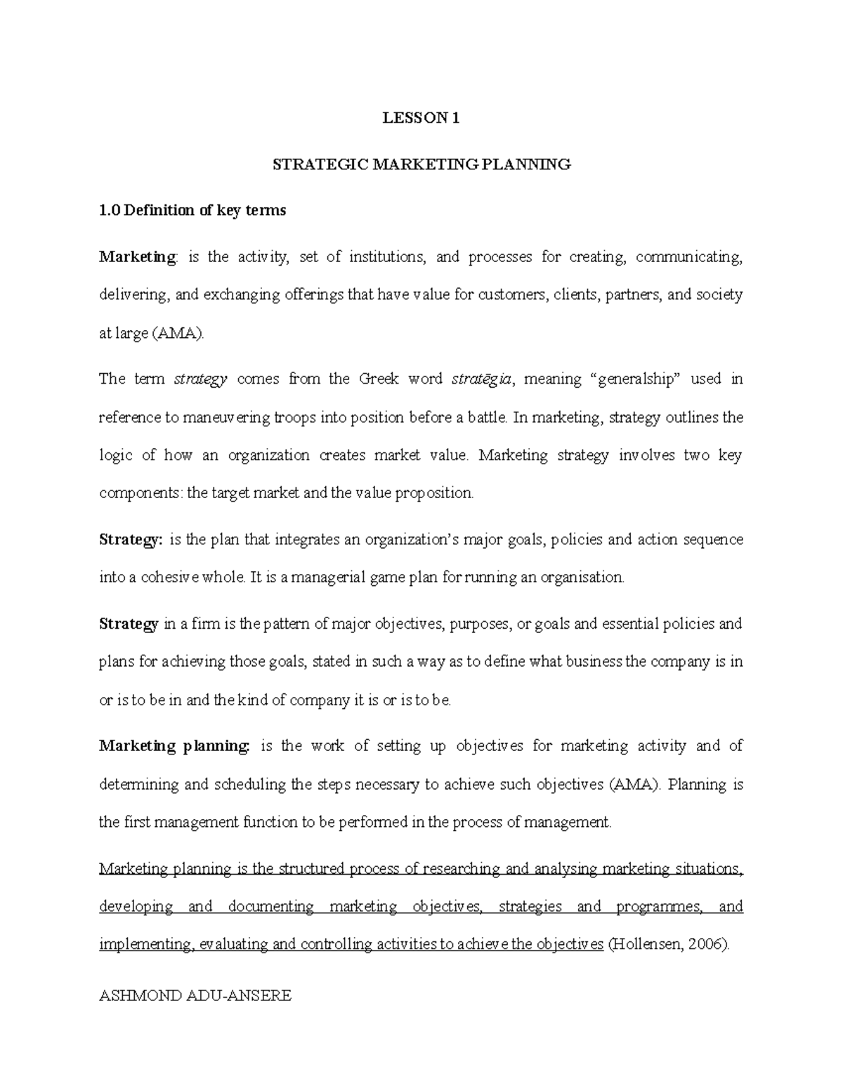 Marketing Policy & Corporate Strategy Notes - LESSON 1 STRATEGIC ...