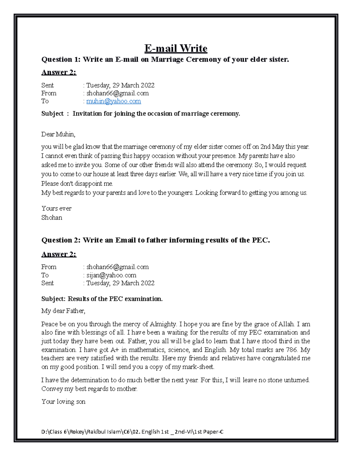 E - wwwwww wwwww - E-mail Write Question 1: Write an E-mail on Marriage ...