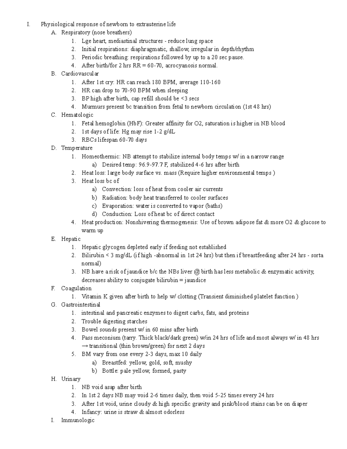 Nur 306 Exam 1 Study Guide - I. Physiological response of newborn to ...