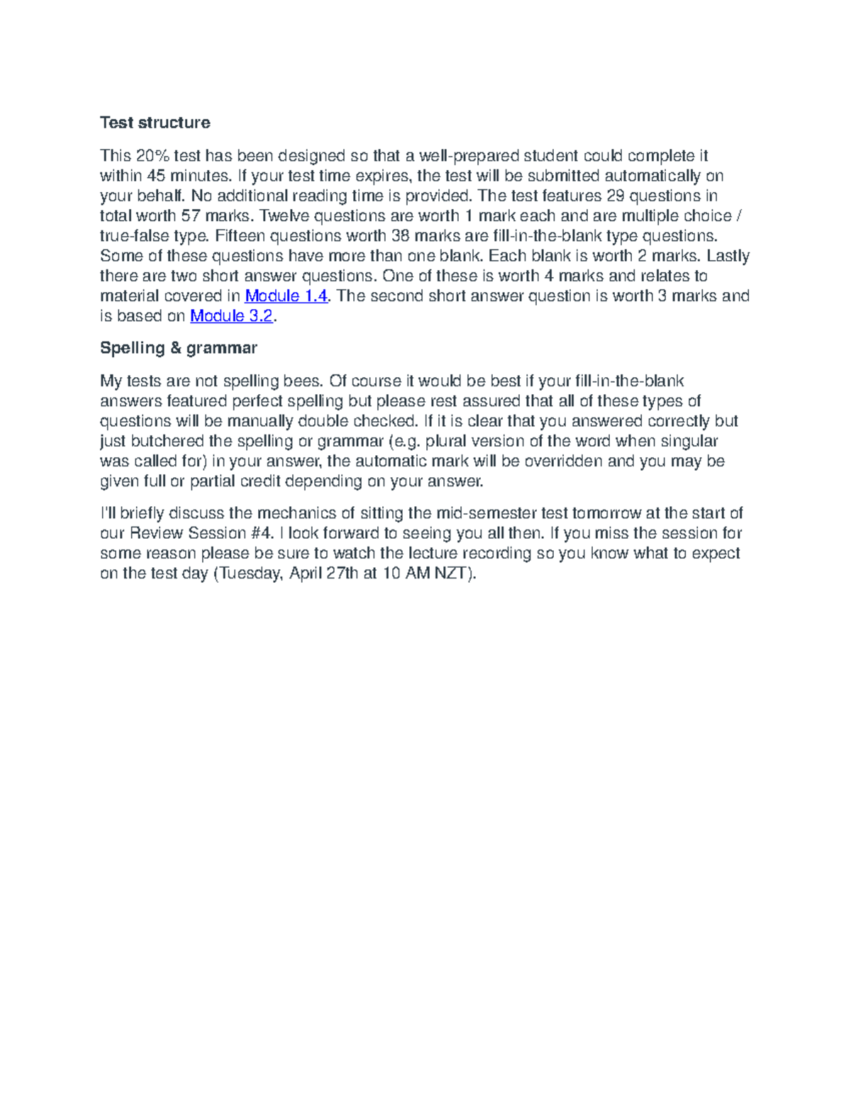 Mid sem test test structure - Test structure This 20% test has been ...