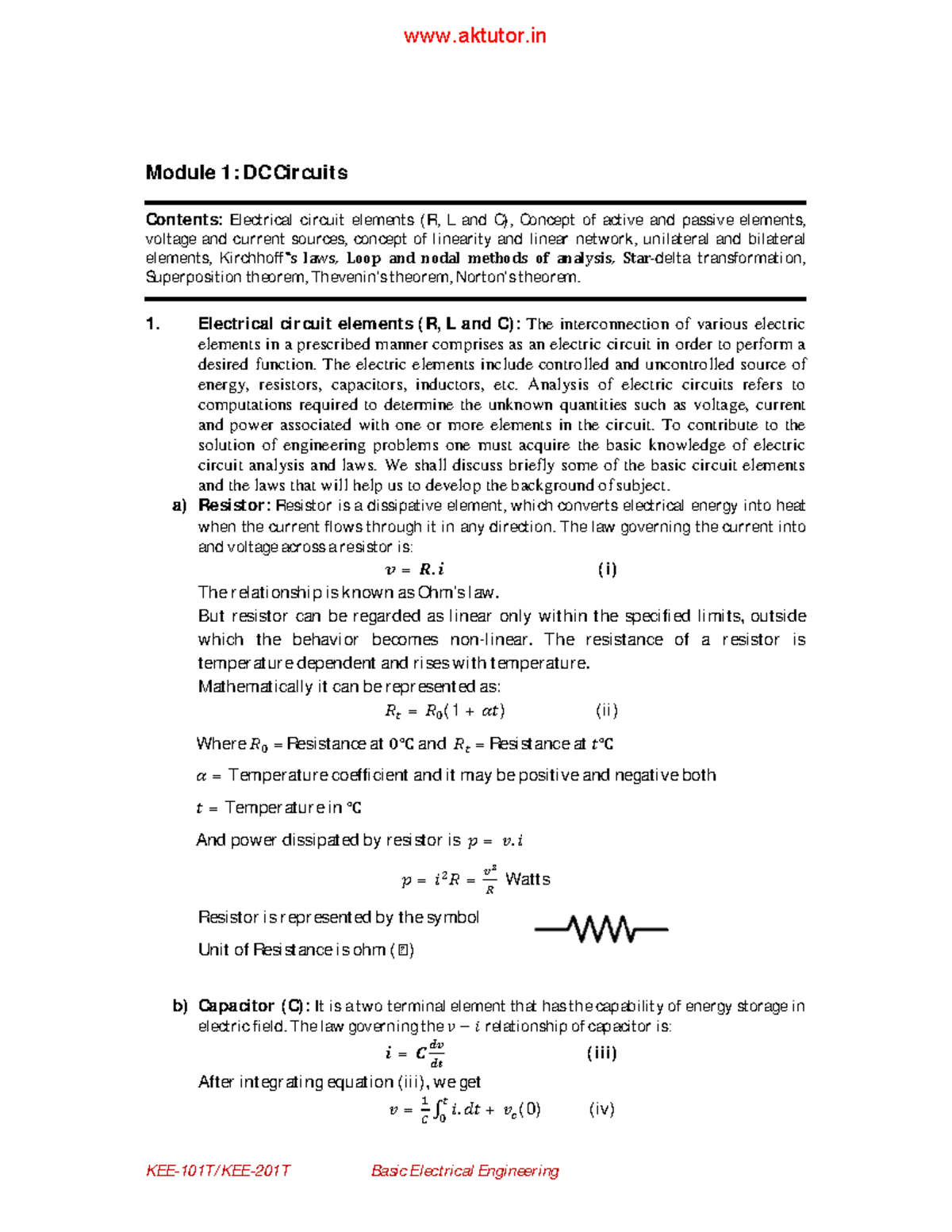 Basic Electrical Engineering All Unit Notes - Module 1: DC Cir cuits ...