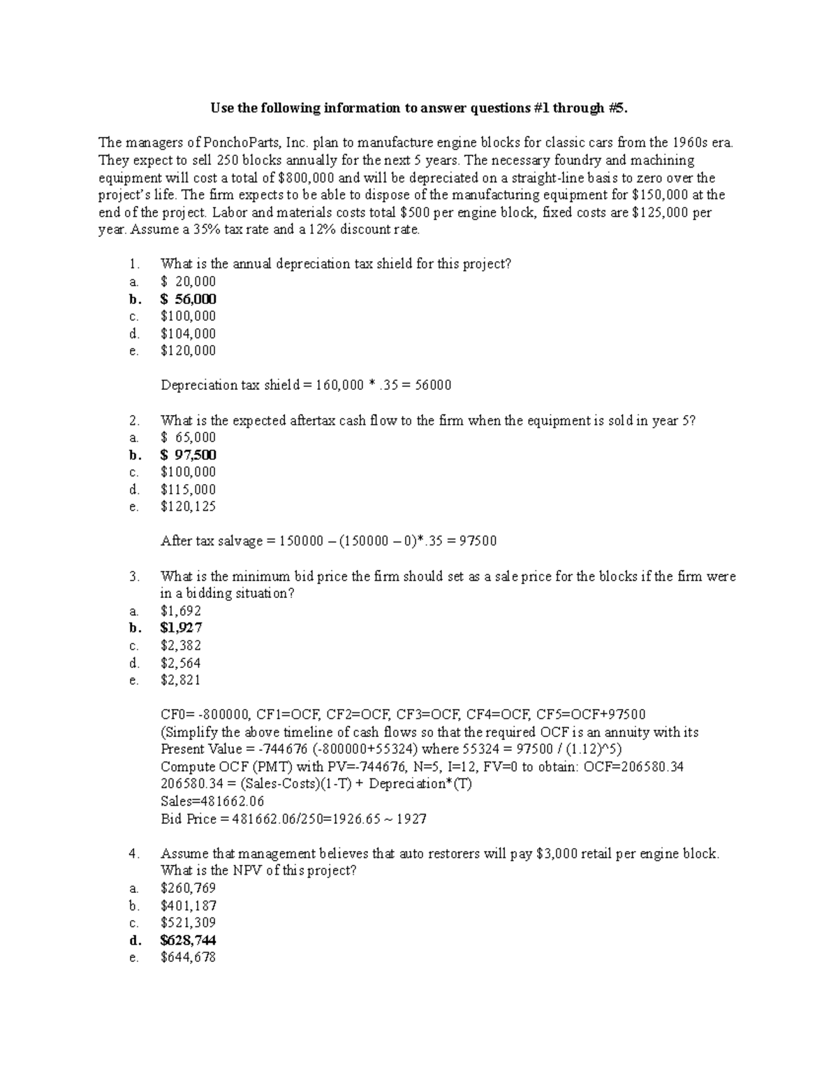 Samplequestions final answers - Use the following information to answer ...