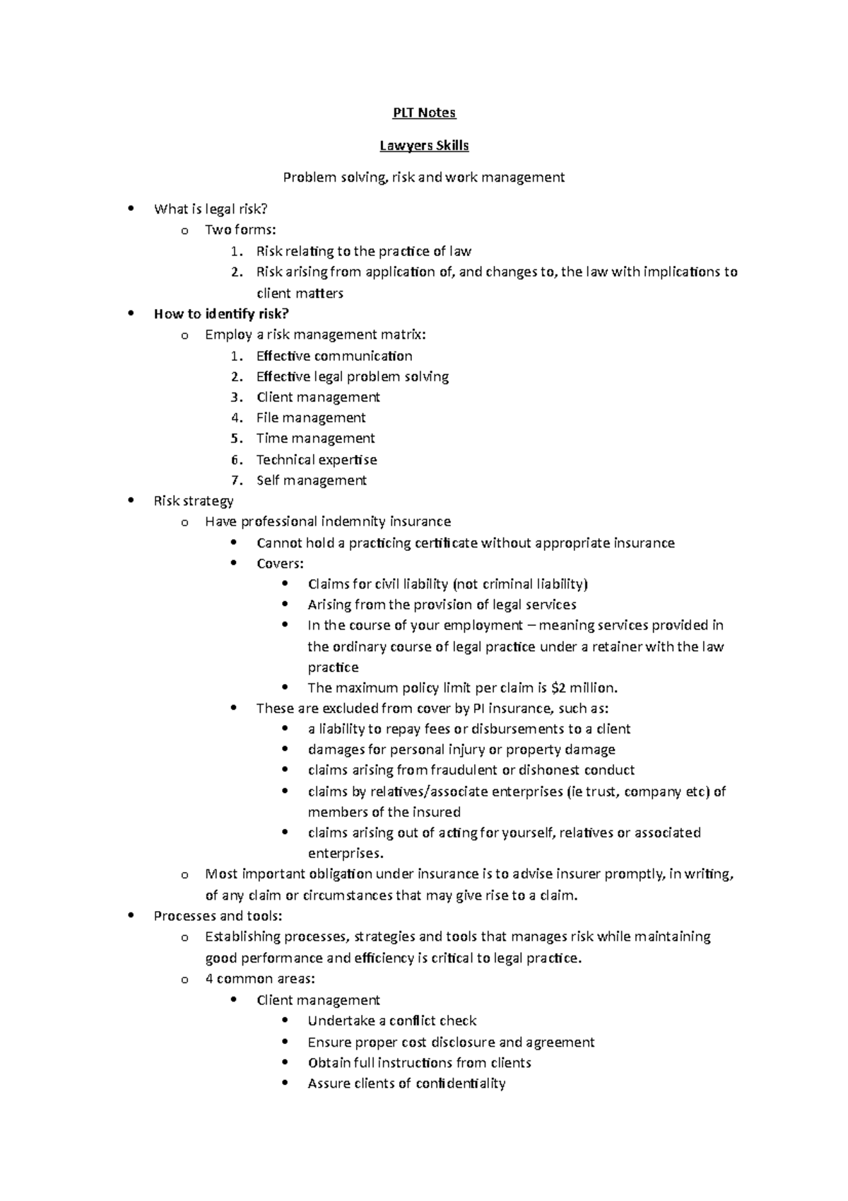 PLT Notes Week One - PLT Notes Lawyers Skills Problem solving, risk and ...
