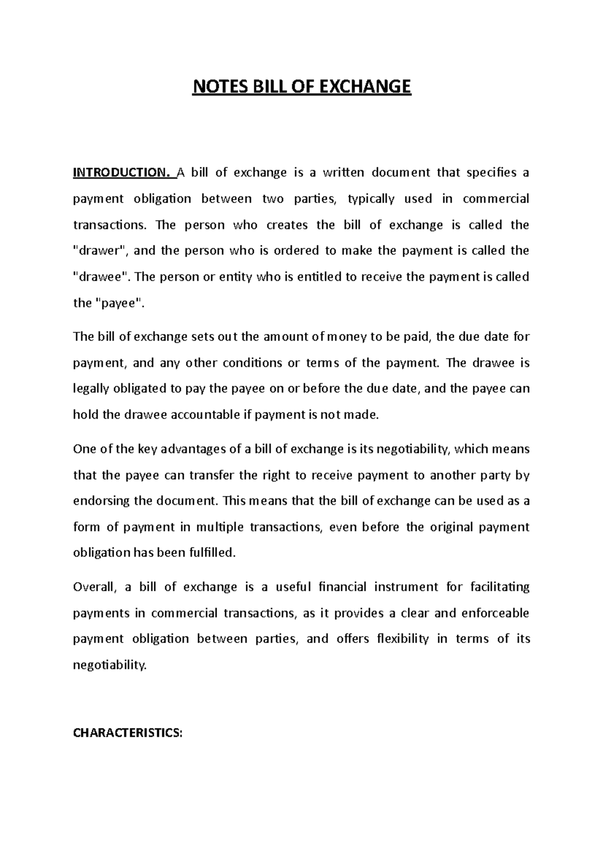 Notes Bill of Exchange - NOTES BILL OF EXCHANGE INTRODUCTION. A bill of ...