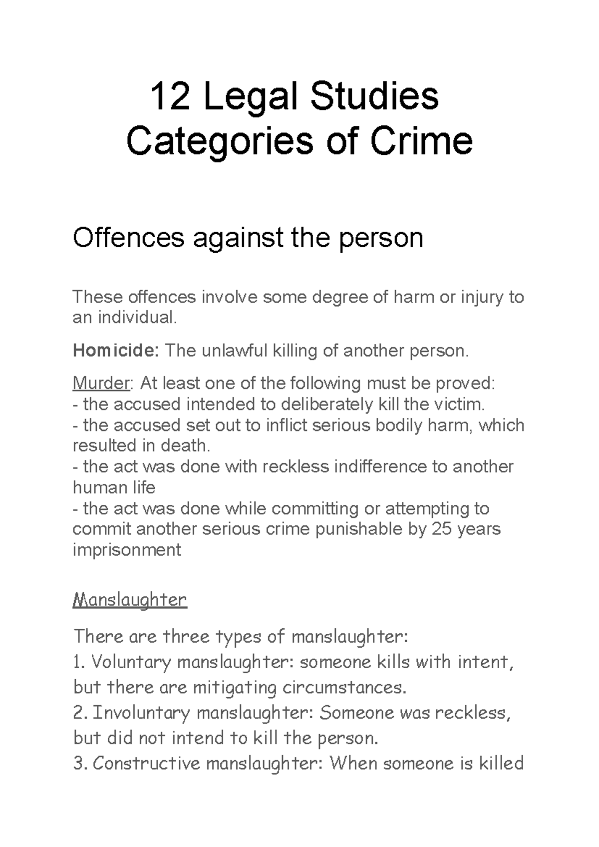 12 Legal Studies Categories of Crime - 12 Legal Studies Categories of ...
