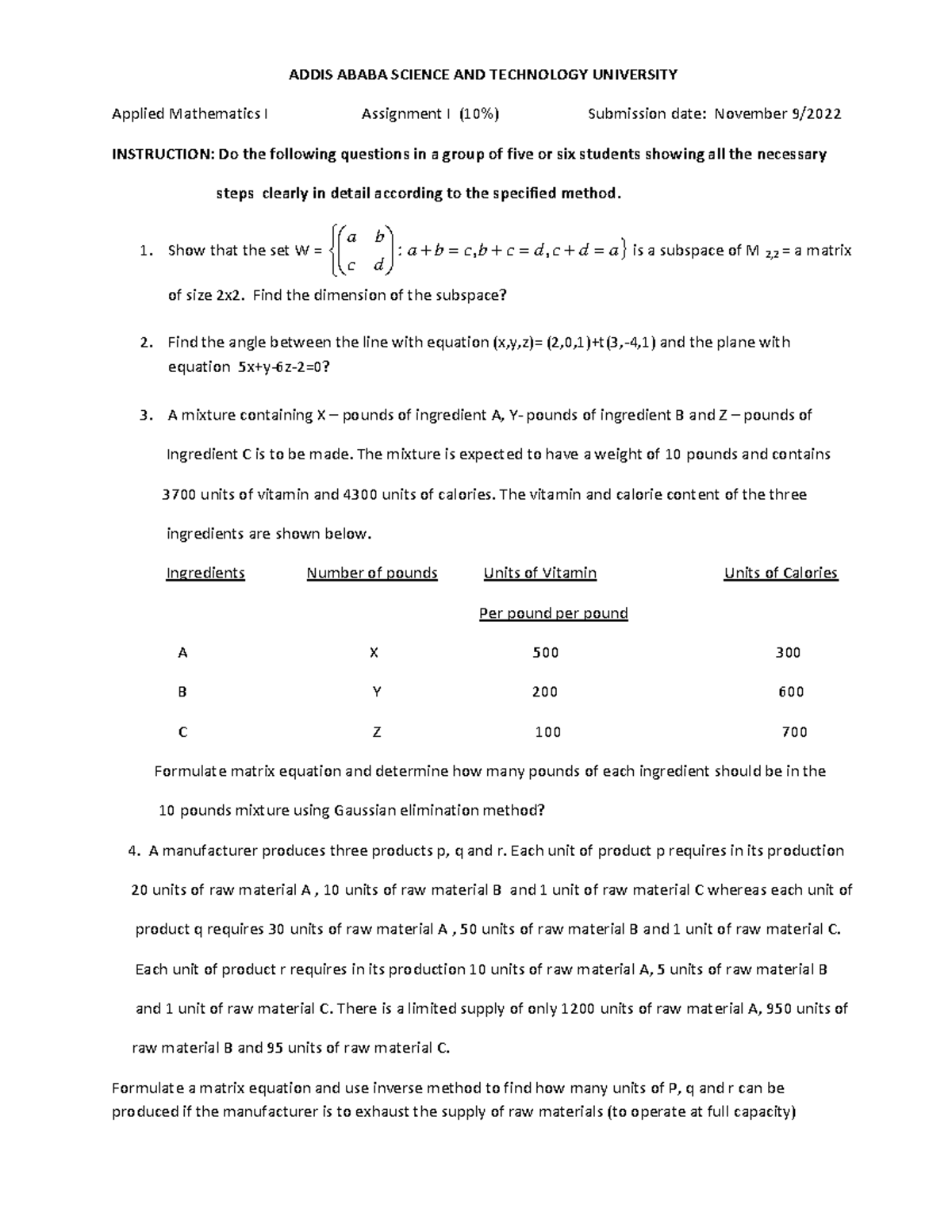 Assignment I Lecture Addis Ababa Science And Technology University Applied Mathematics I