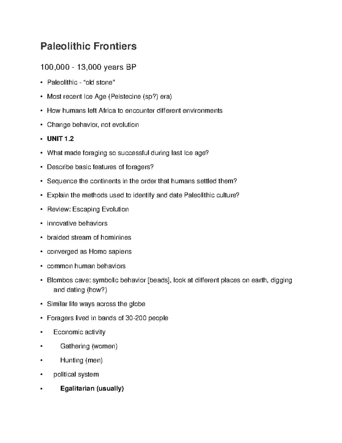 All History 1010 Notes - Paleolithic Frontiers 100,000 - 13,000 years ...