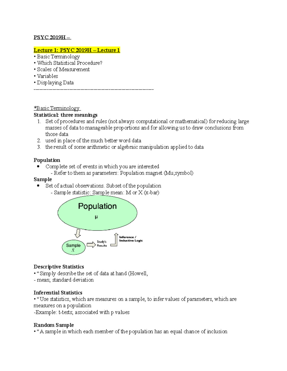 PSYC 2019 H- Lec 1-6 - PSYC 2019H – Lecture 1: PSYC 2019H – Lecture 1 Basic Terminology Which ...