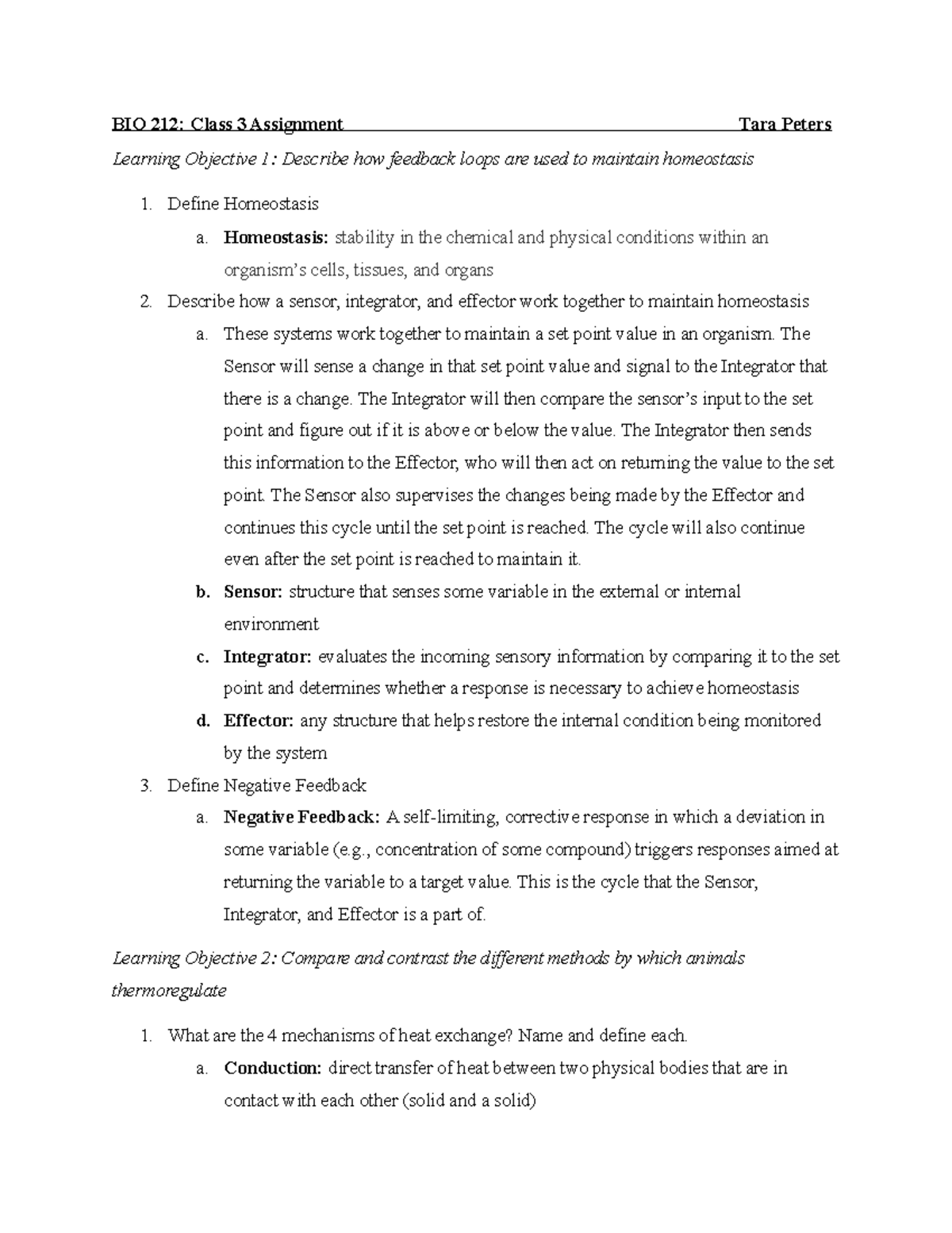 BIO 212- Class 3 Assignment - BIO 212: Class 3 Assignment Tara Peters Learning Objective 1 ...