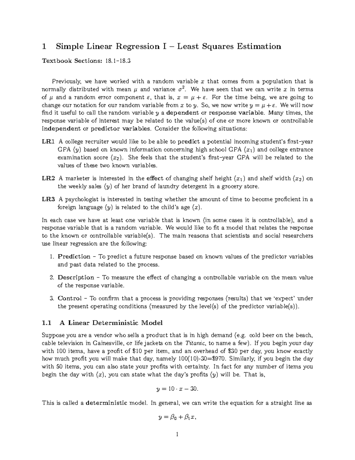 Notespart 2 - Best - 1 Simple Linear Regression I – Least Squares ...