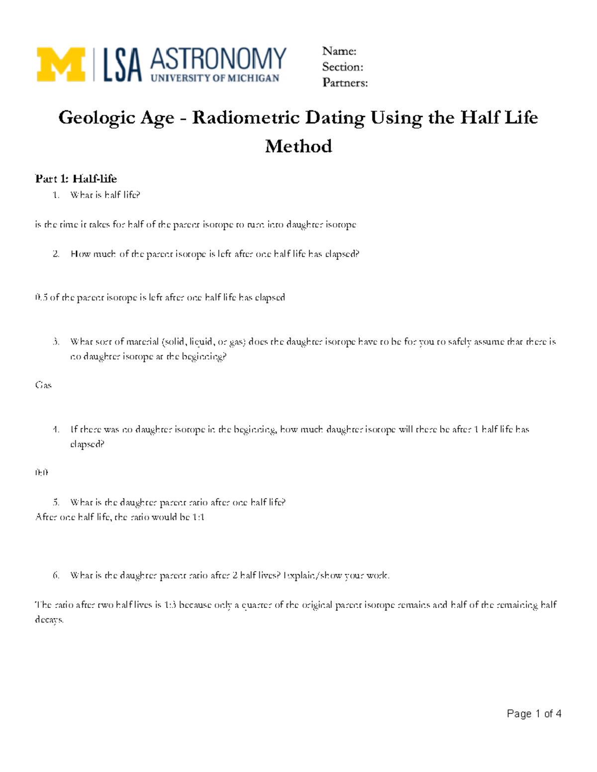 ASTRO101 Lab #6- Geologic Age- Radiometric Dating using the Half life ...