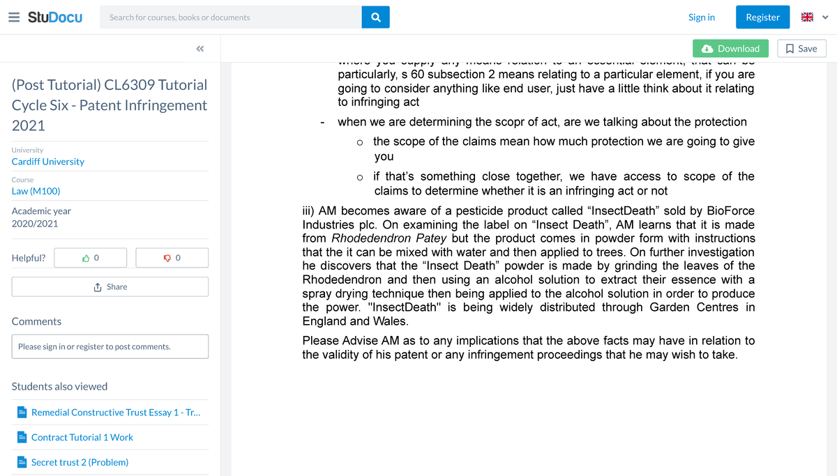 (Post Tutorial) CL6309 Tutorial Cycle Six - Patent Infringement 2021 ...