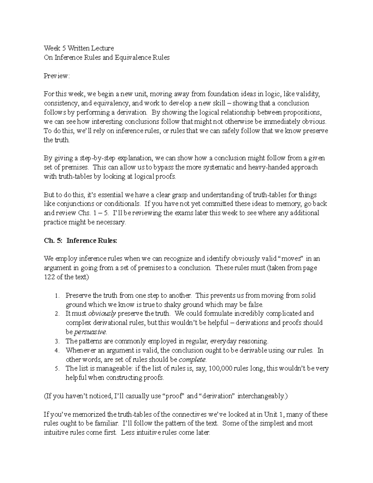 Phi. 251 - Written Lecture Week 5 - Week 5 Written Lecture On Inference Rules and Equivalence ...