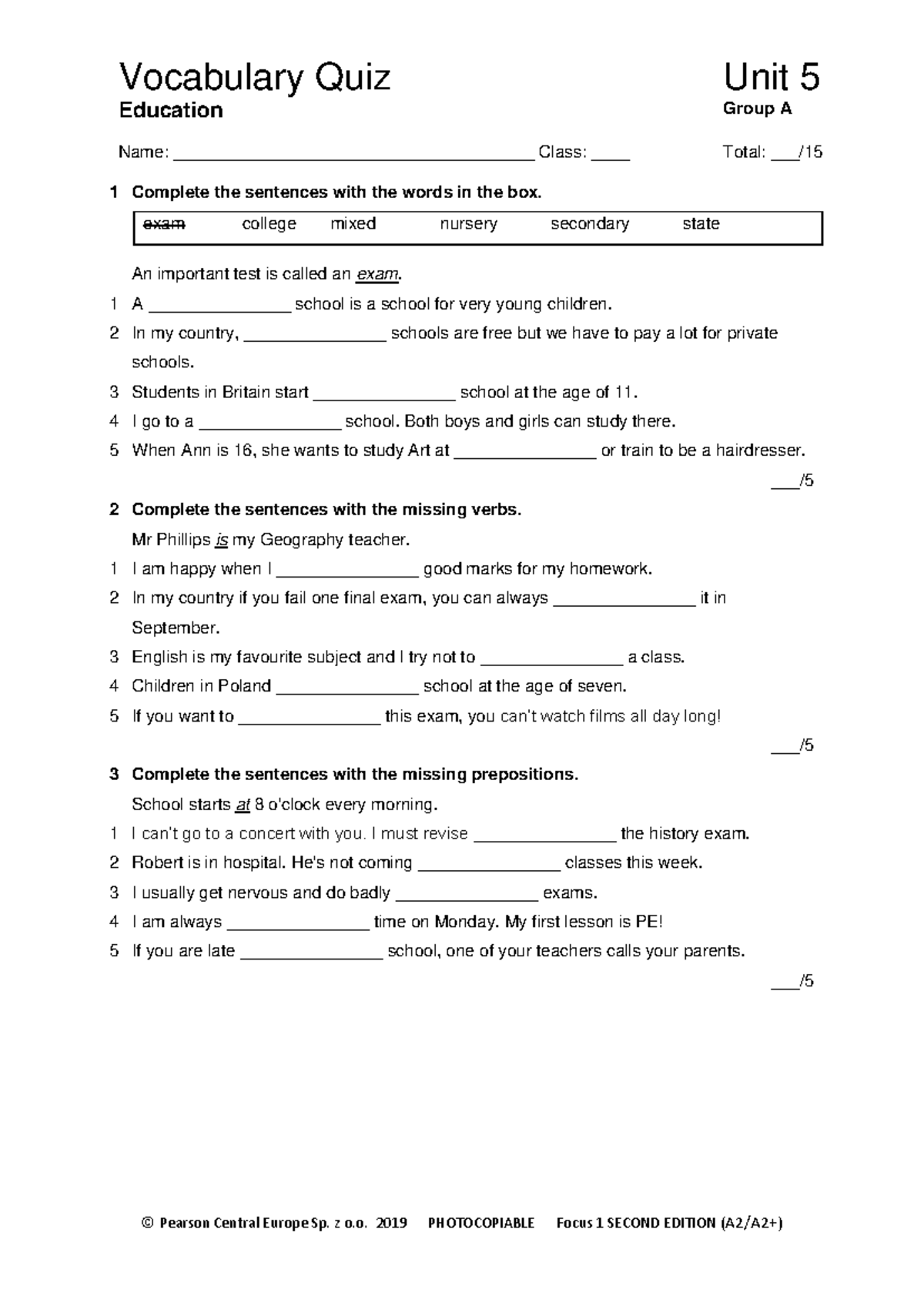 Focus 1 2E Vocabulary Quiz Unit5 Group A - Vocabulary Quiz Unit 5 ...
