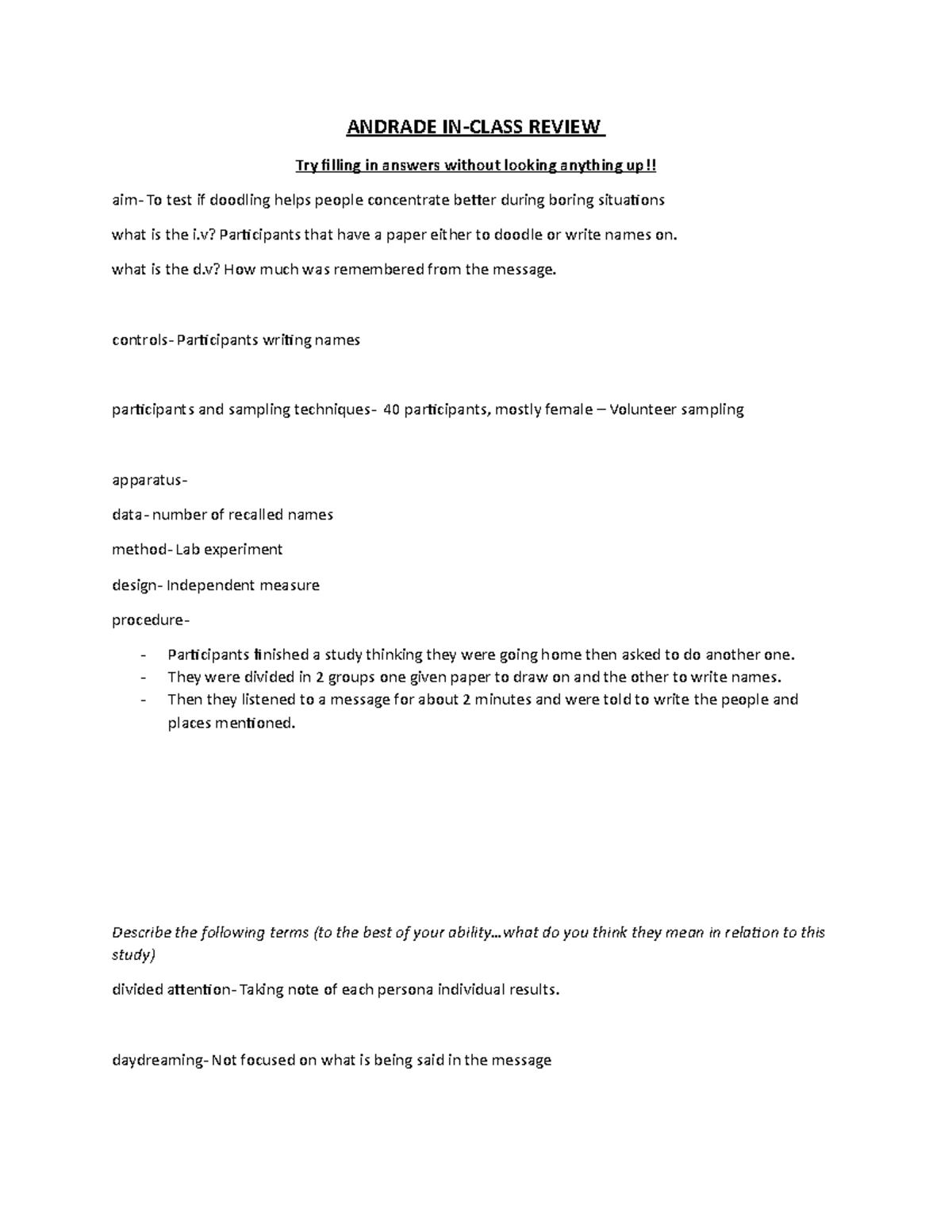 Andrade in class review questions - ANDRADE IN-CLASS REVIEW Try filling ...