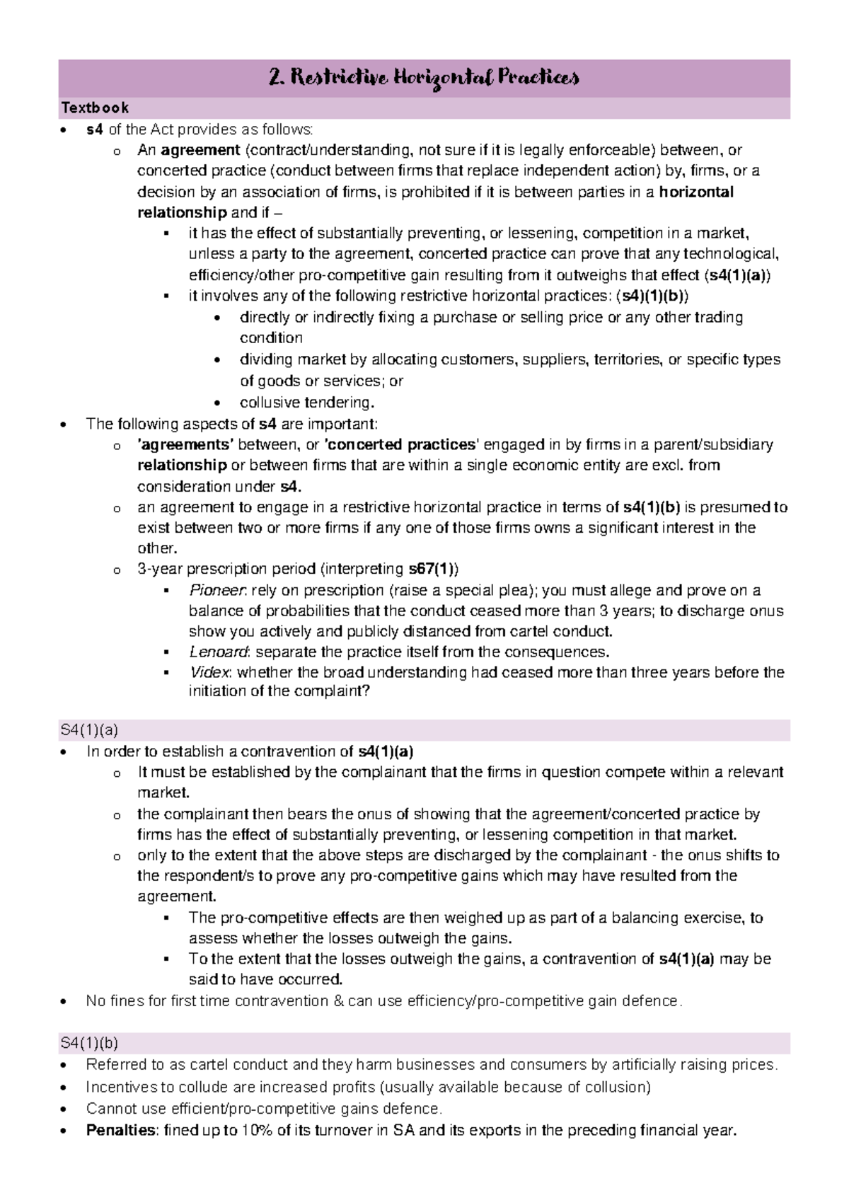 Horizontal practices - quick summary - 2. Restrictive Horizontal Practices Textbook s4 of the ...