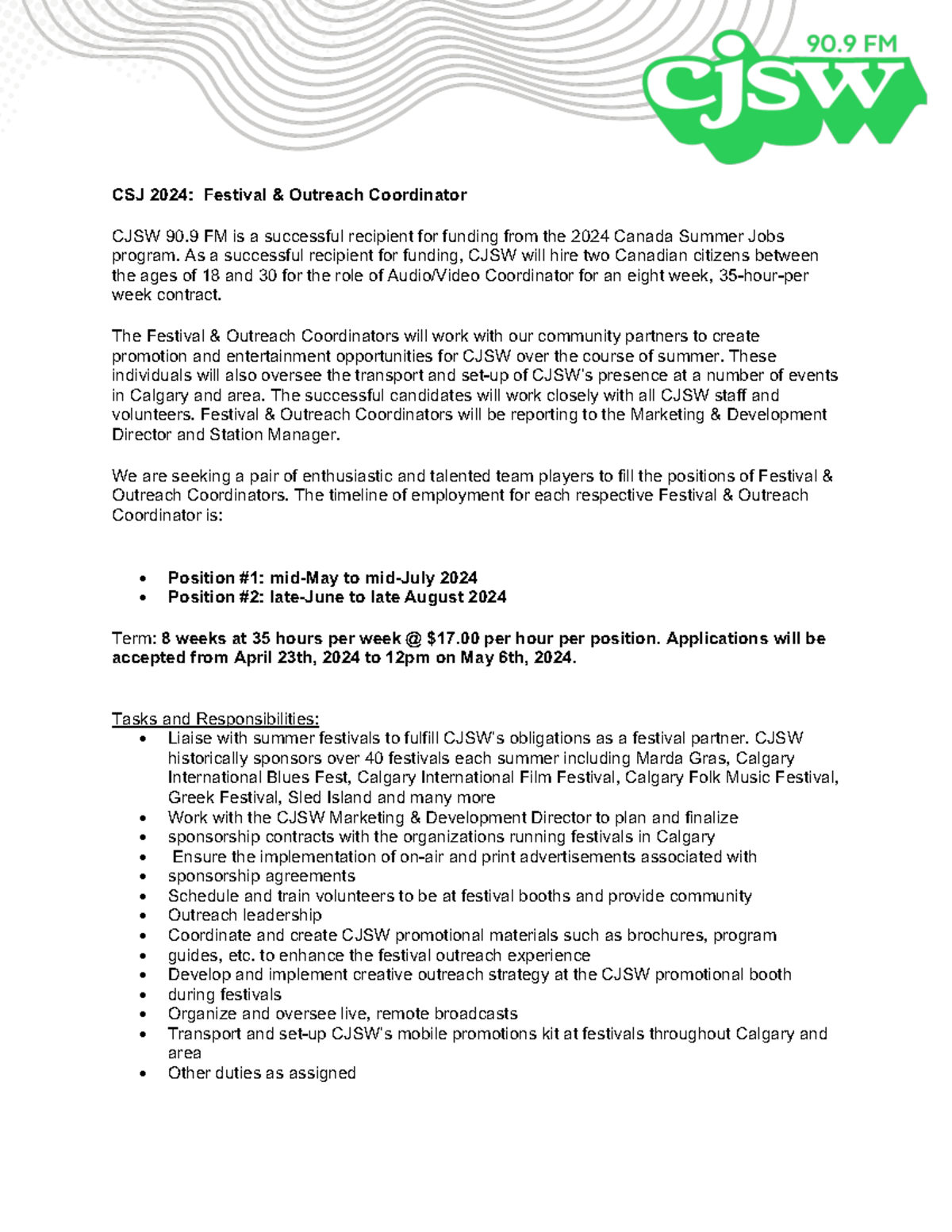 2024 CSJ Festivaloutreach Coordinator - CSJ 2024: Festival & Outreach Coordinator CJSW 90 FM is ...