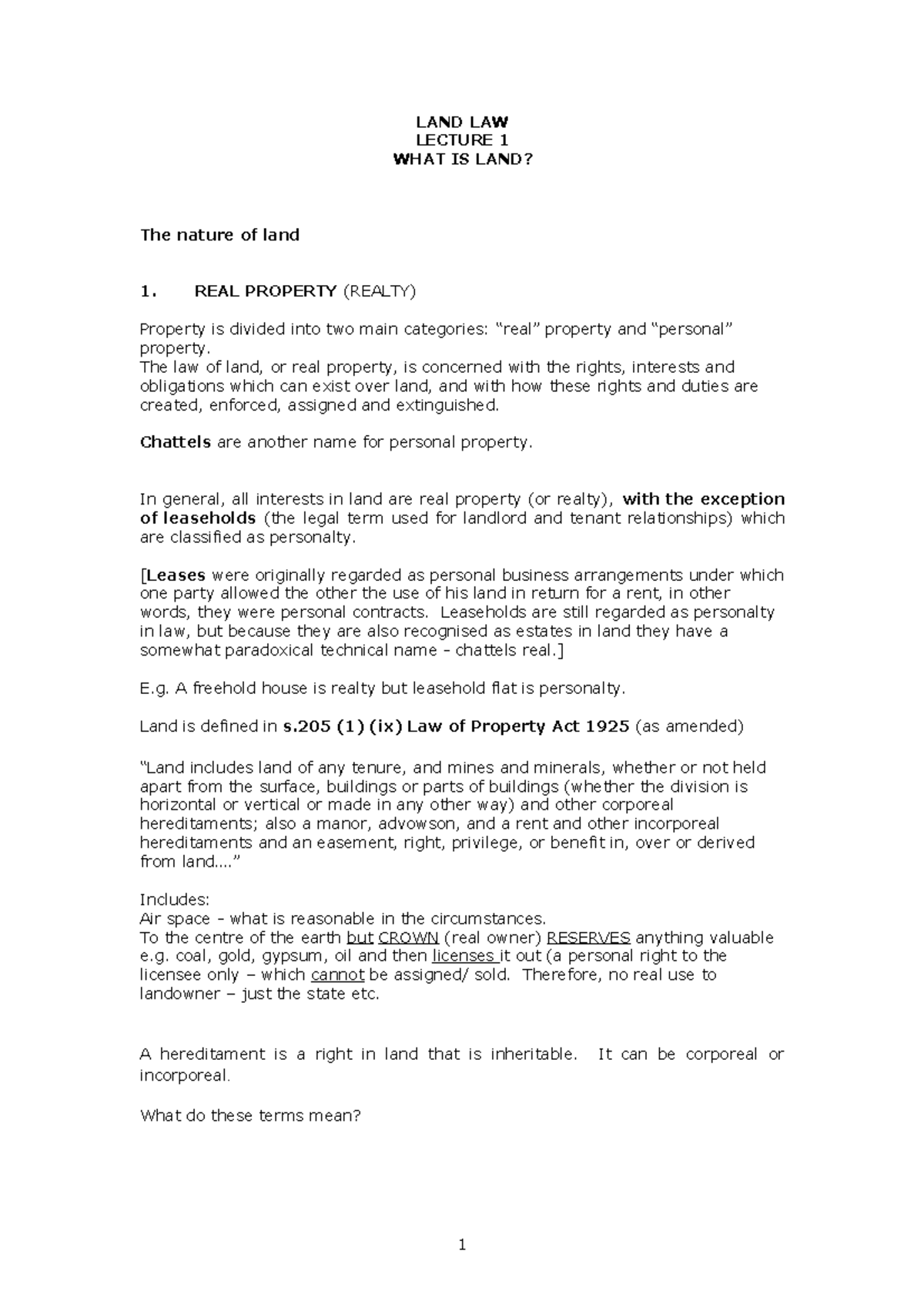 Land Law Lecture notes - LAND LAW LECTURE 1 WHAT IS LAND? The nature of ...
