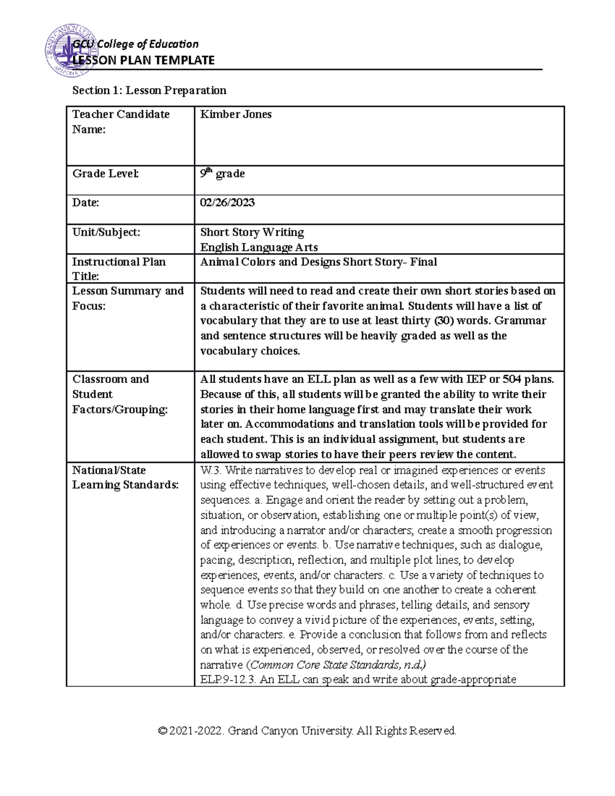 ESL445NKJones WK 7 - SEI - LESSON PLAN TEMPLATE Section 1: Lesson ...