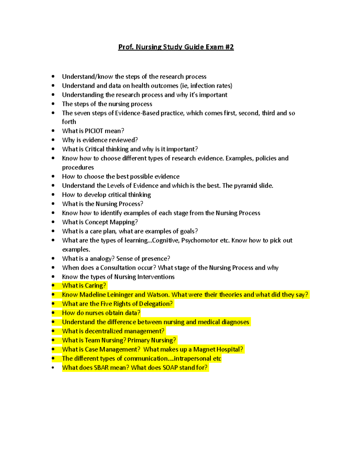 Intro Study Guide Exam 2 - Prof. Nursing Study Guide Exam Understand ...