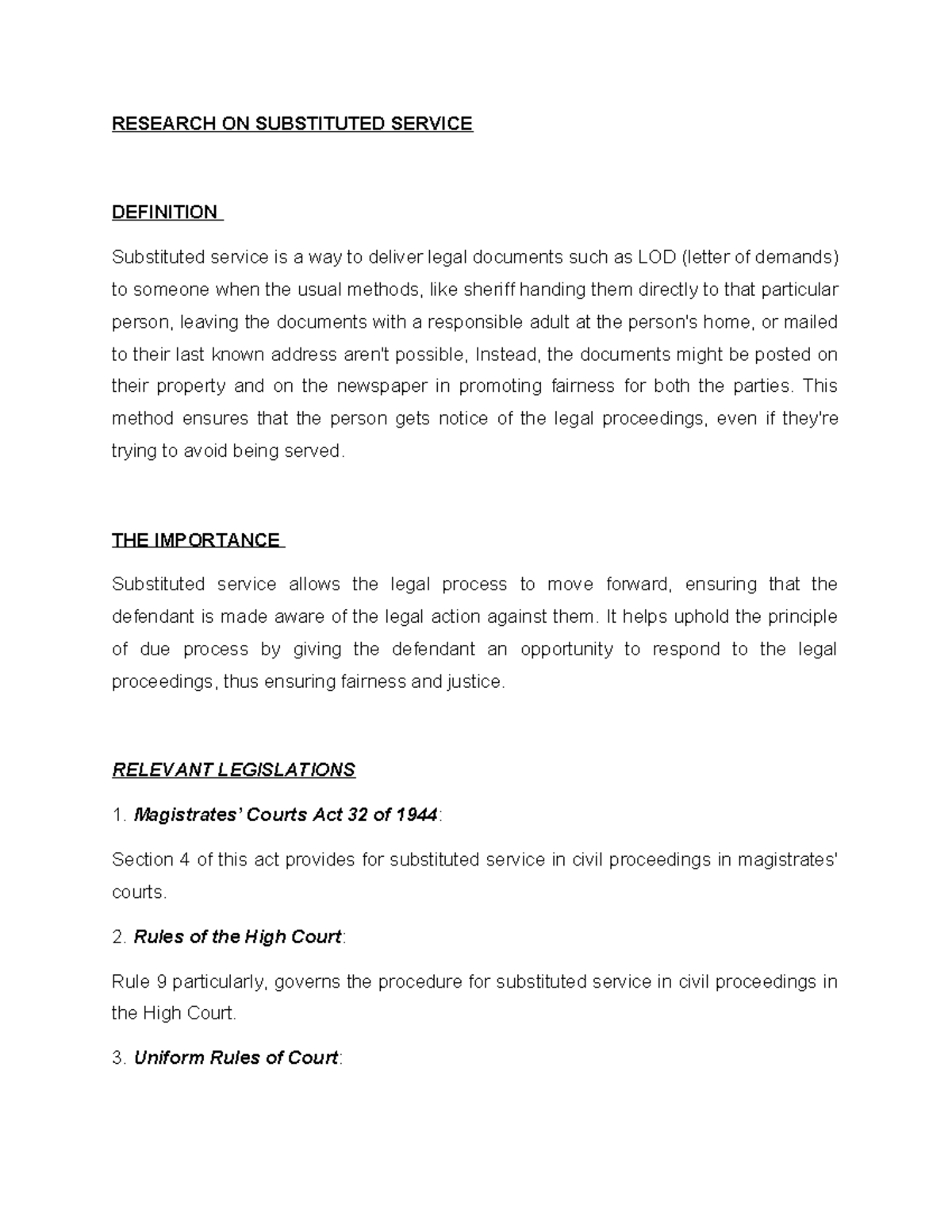 Research ON Substituted Service - RESEARCH ON SUBSTITUTED SERVICE ...