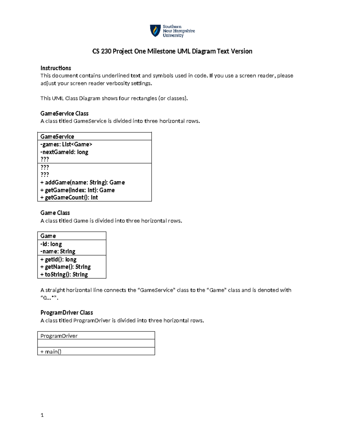CS 230 Project One Milestone UML Diagram Text Version - If you use a ...