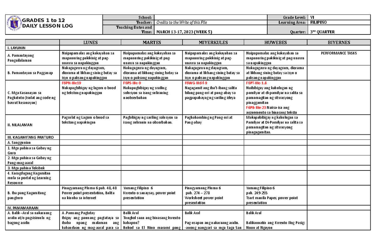 DLL Filipino 6 Q3 W5 - for information - GRADES 1 to 12 DAILY LESSON ...