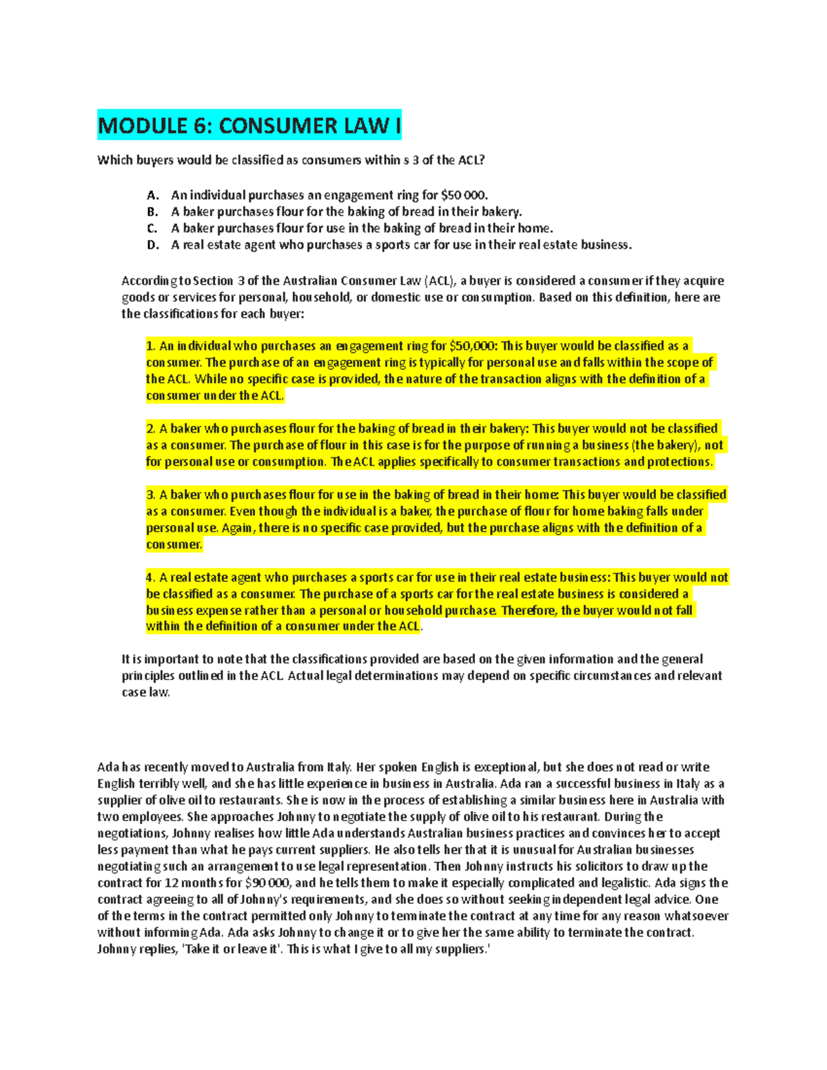 Enterprise LAW Sample - MODULE 6: CONSUMER LAW I Which buyers would be ...