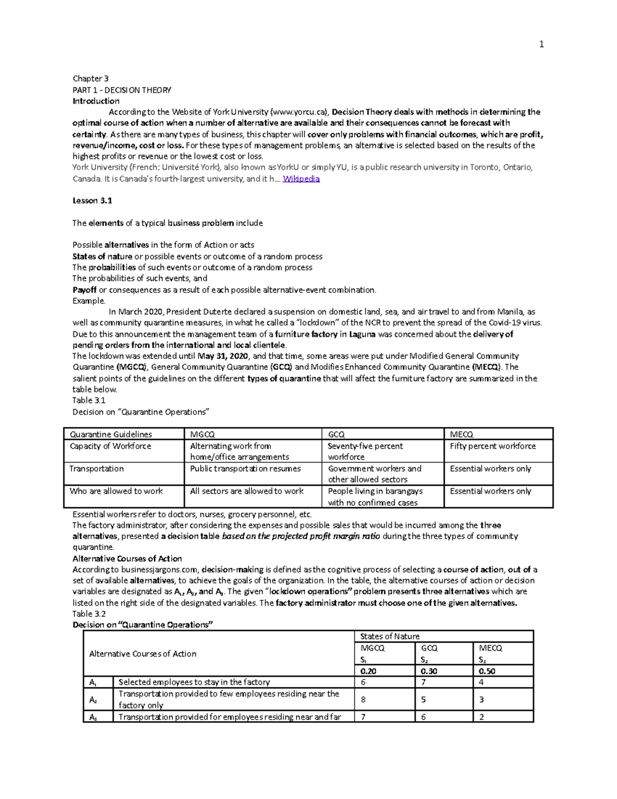 3 - notes in management - Chapter 3 PART 1 - DECISION THEORY ...