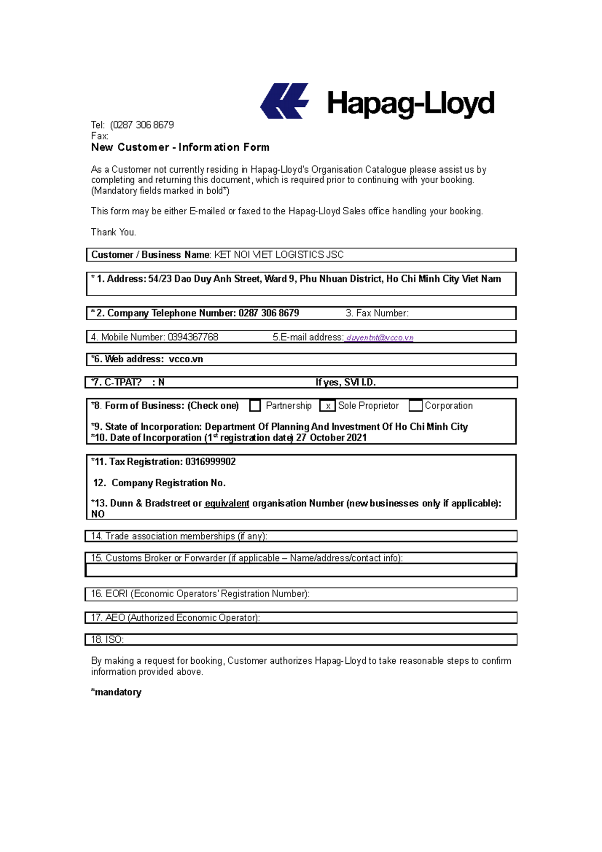 New Customer Information Form HLAG - Tel: (0287 306 8679 Fax: New ...