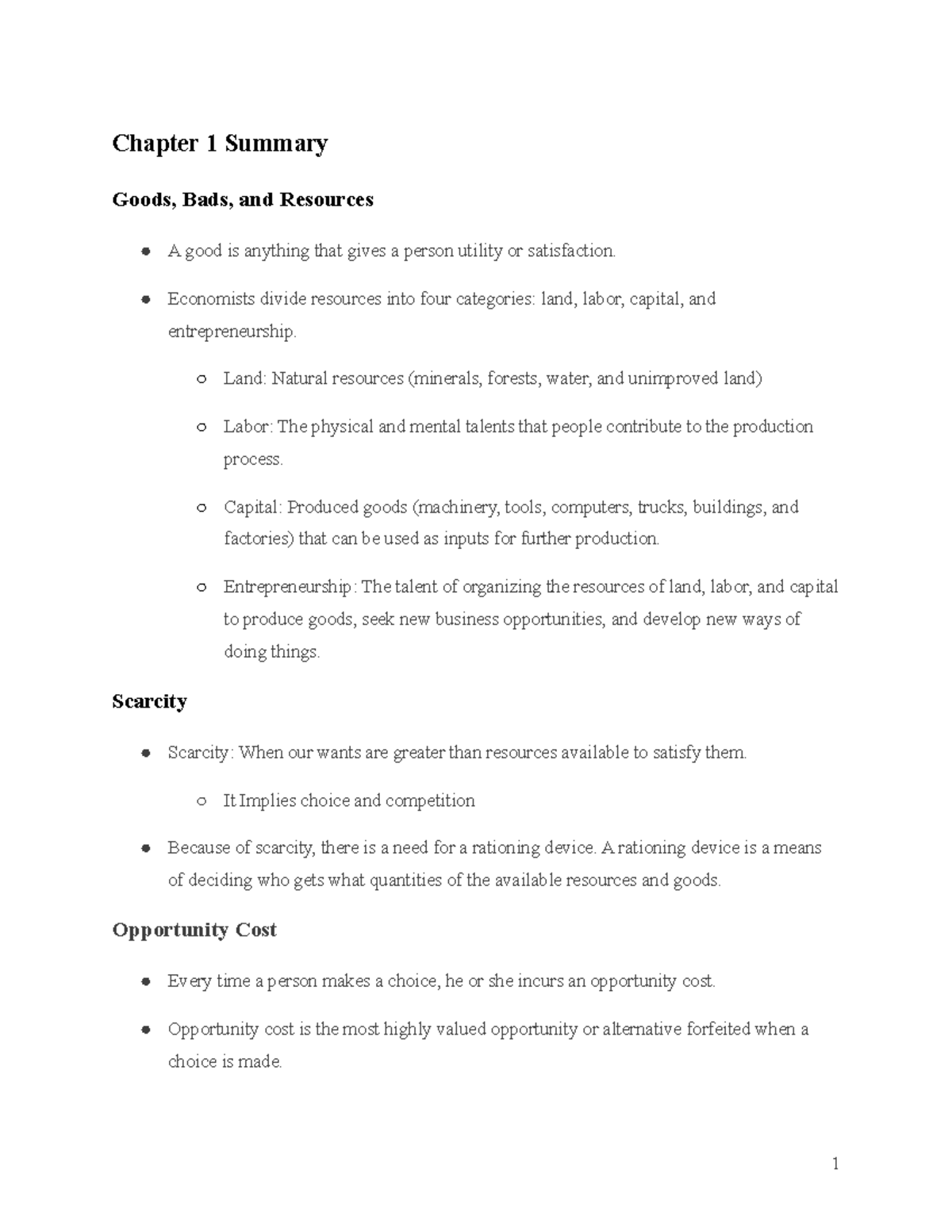 Micro chapter 1 summary - Chapter 1 Summary Goods, Bads, and Resources ...