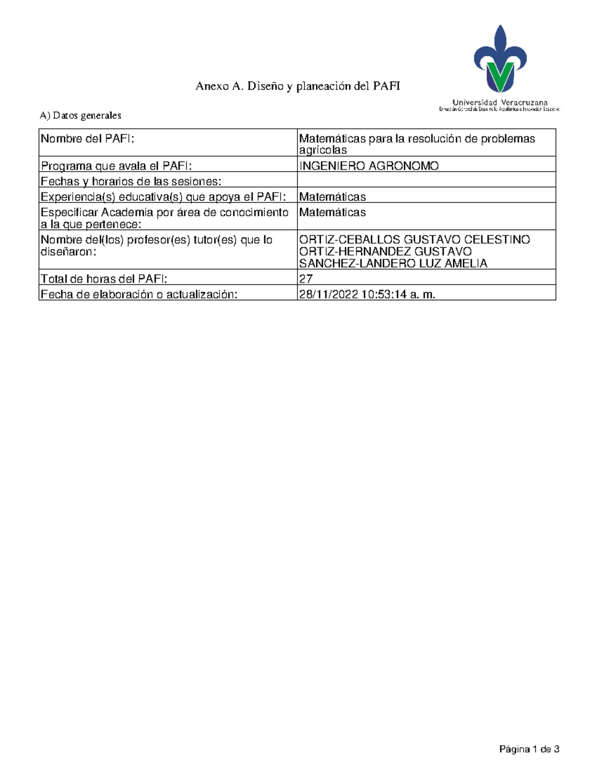 PAFI matemáticas - ... - A) Datos generales Nombre del PAFI ...