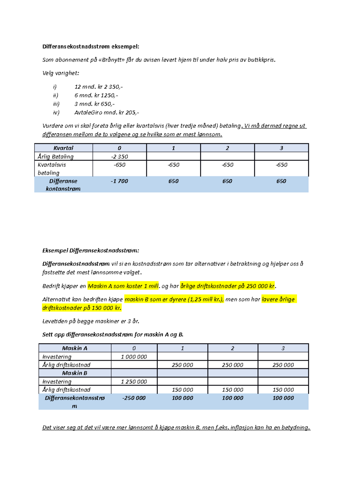 Differansekostnadsstrøm eksempel investering og finansiering ...