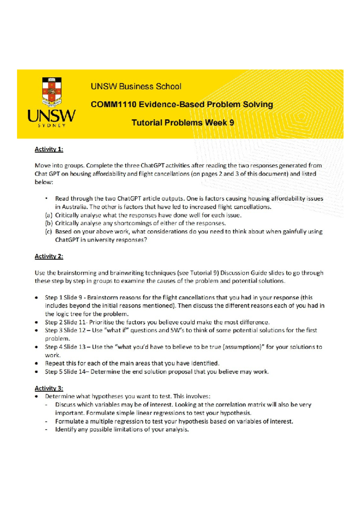 Comm1110 - ///// - UNSW Business School Problem Solving UNSW Tutorial Problems Week 9 SYDNEY ...